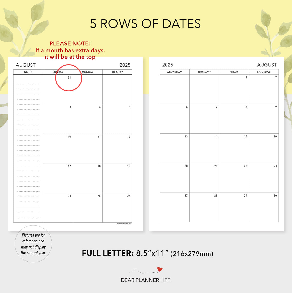 2025 Monthly Calendar (FULL-Letter) Sunday Start Printable PDF : L-82 ...