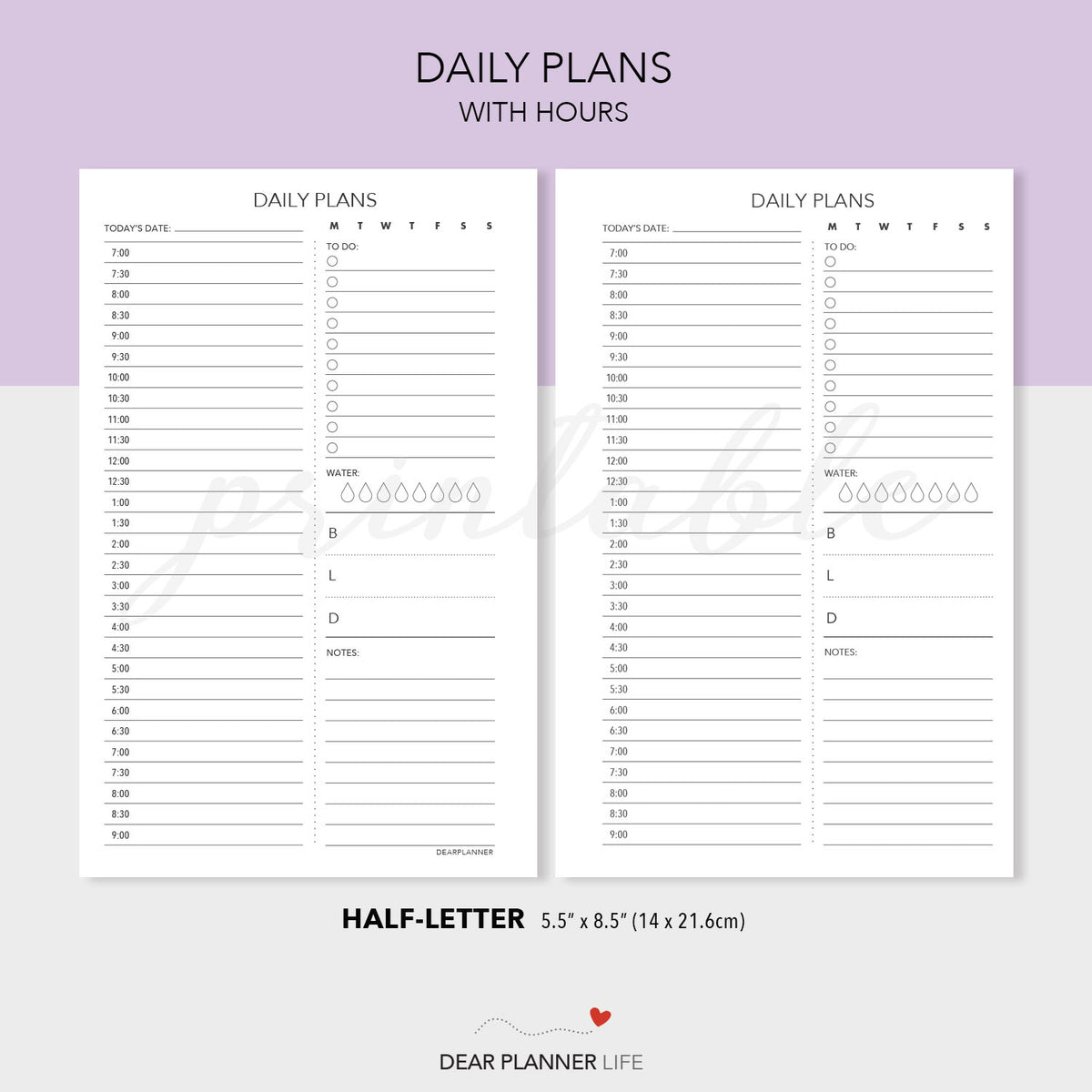 Daily Plans With & Without Hours (Half-Letter) Printable PDF : H-36 ...