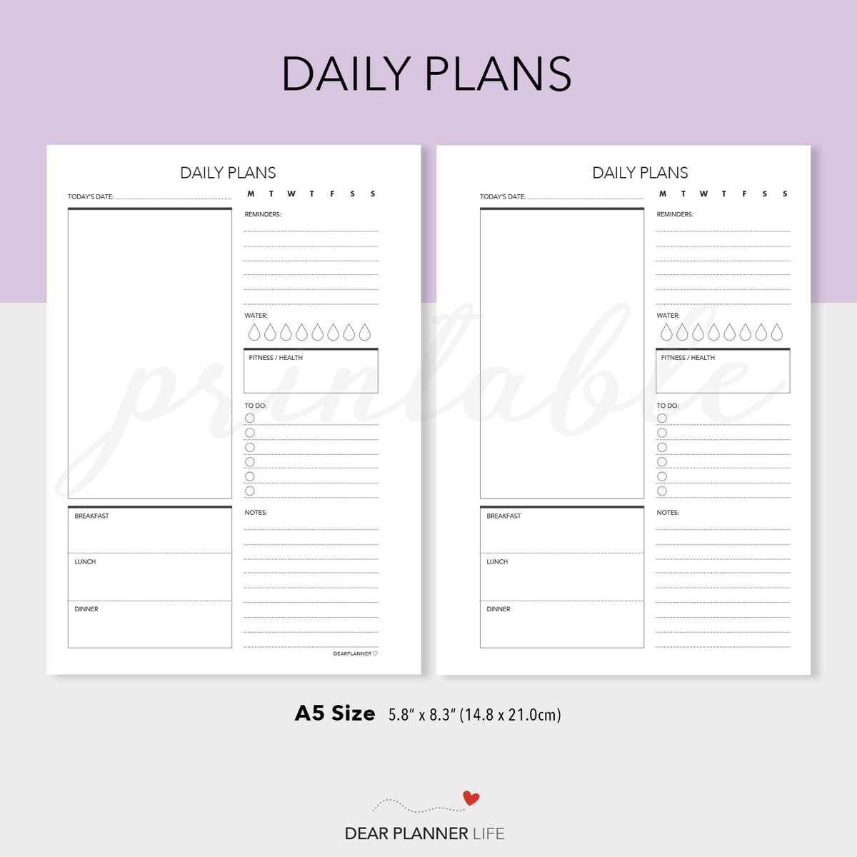 Daily Plans / Day on 1 Page PDF Printable (A5-06) – DearPlannerLife