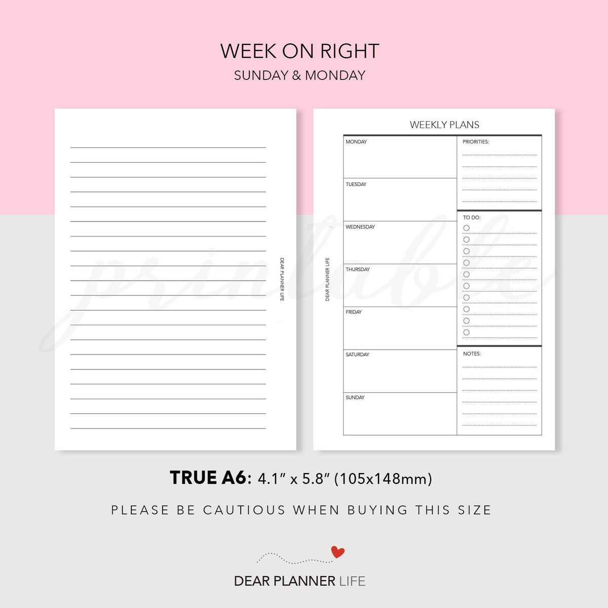 Undated Week On 1 Page (A6 Rings) Printable PDF : AS-07 – DearPlannerLife