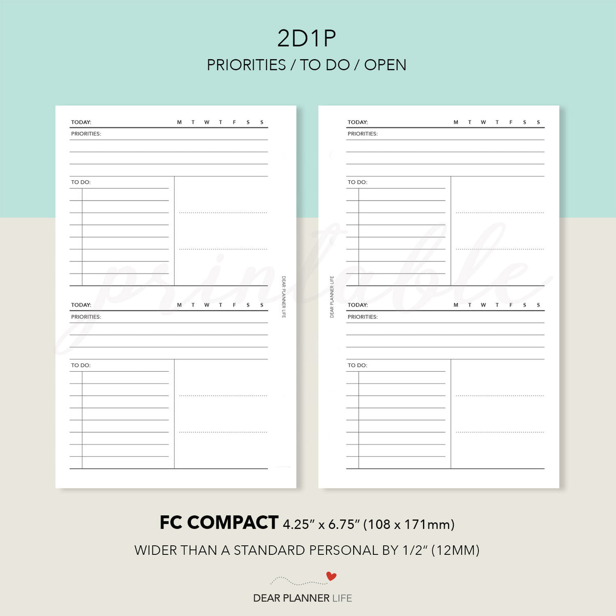 2 Days on 1 Page with Priorities at Top (FC Compact) Printable PDF : F ...