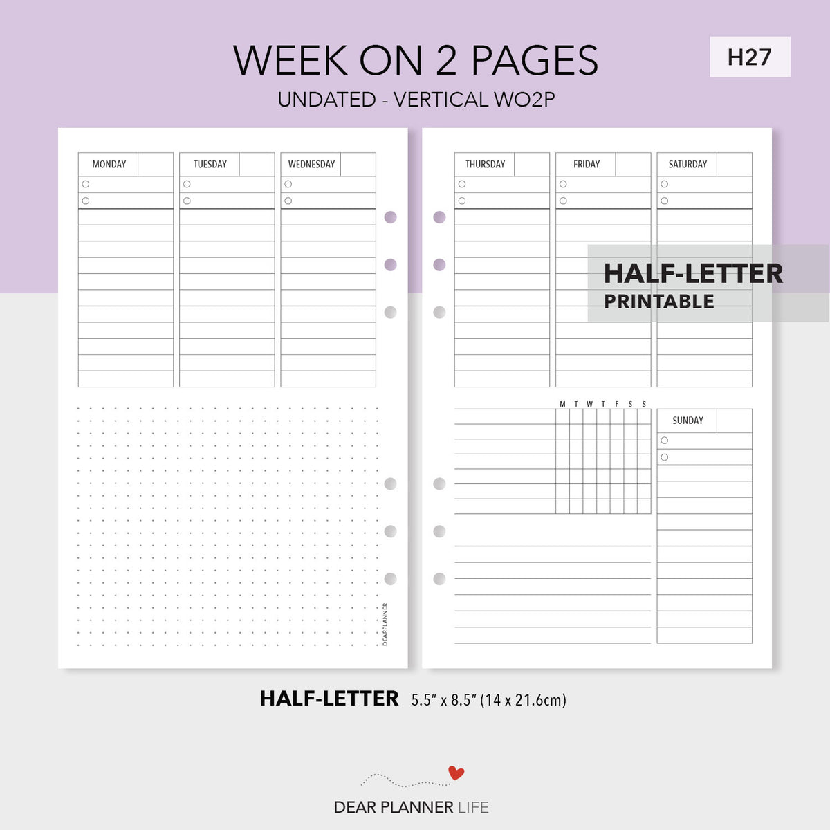 Vertical Week on 2 pages with Dots & Tracker (Half-Letter) - Printable ...