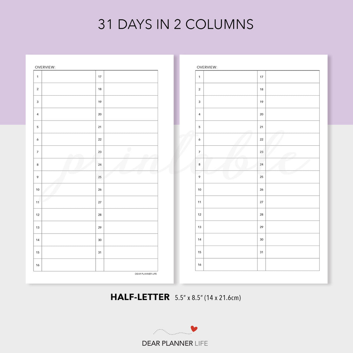 31-Day List Monthly Overview (Half-Letter size) Printable PDF : H-61 ...