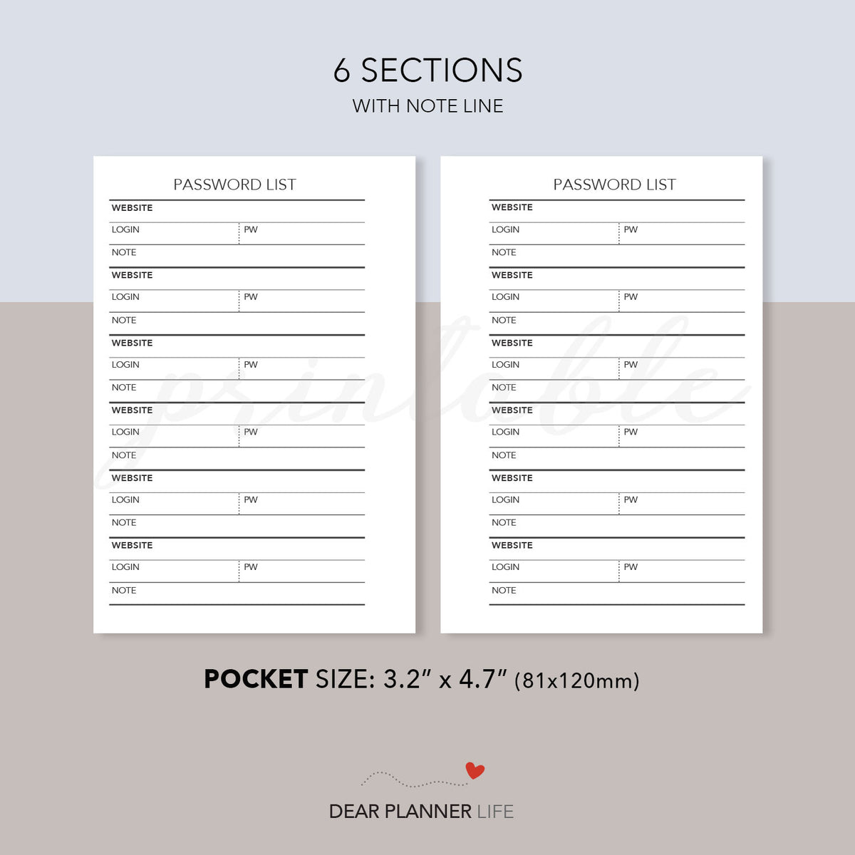 Password List (Pocket Size) Printable PDF : K-28 – DearPlannerLife