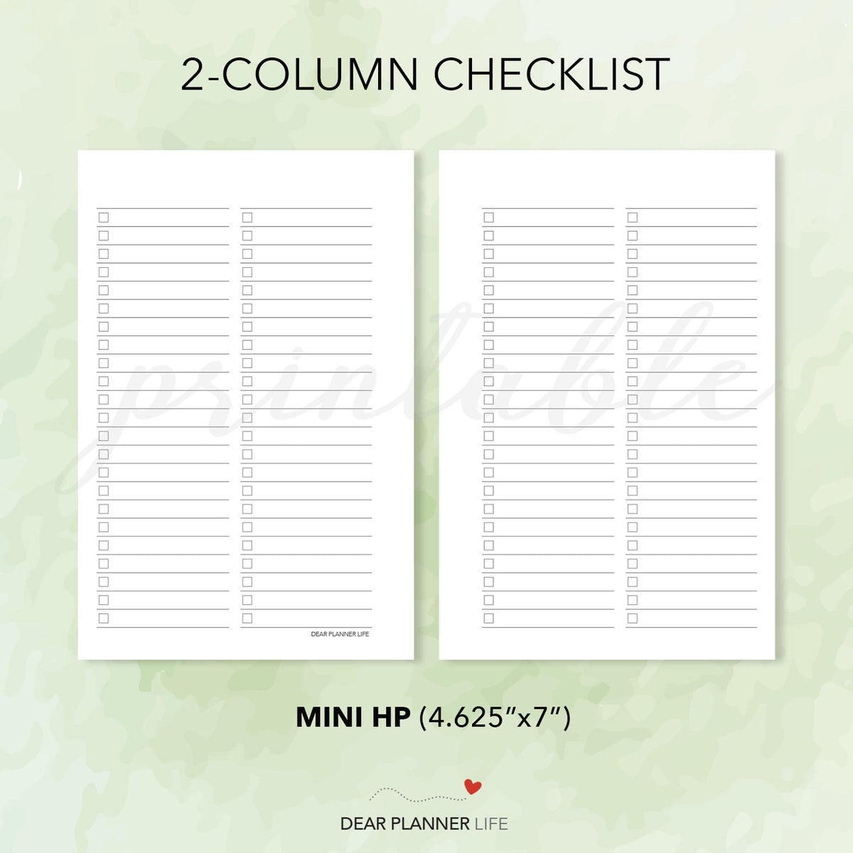 2-Column Checklist (Mini HP Size) Printable PDF : M-10 – DearPlannerLife