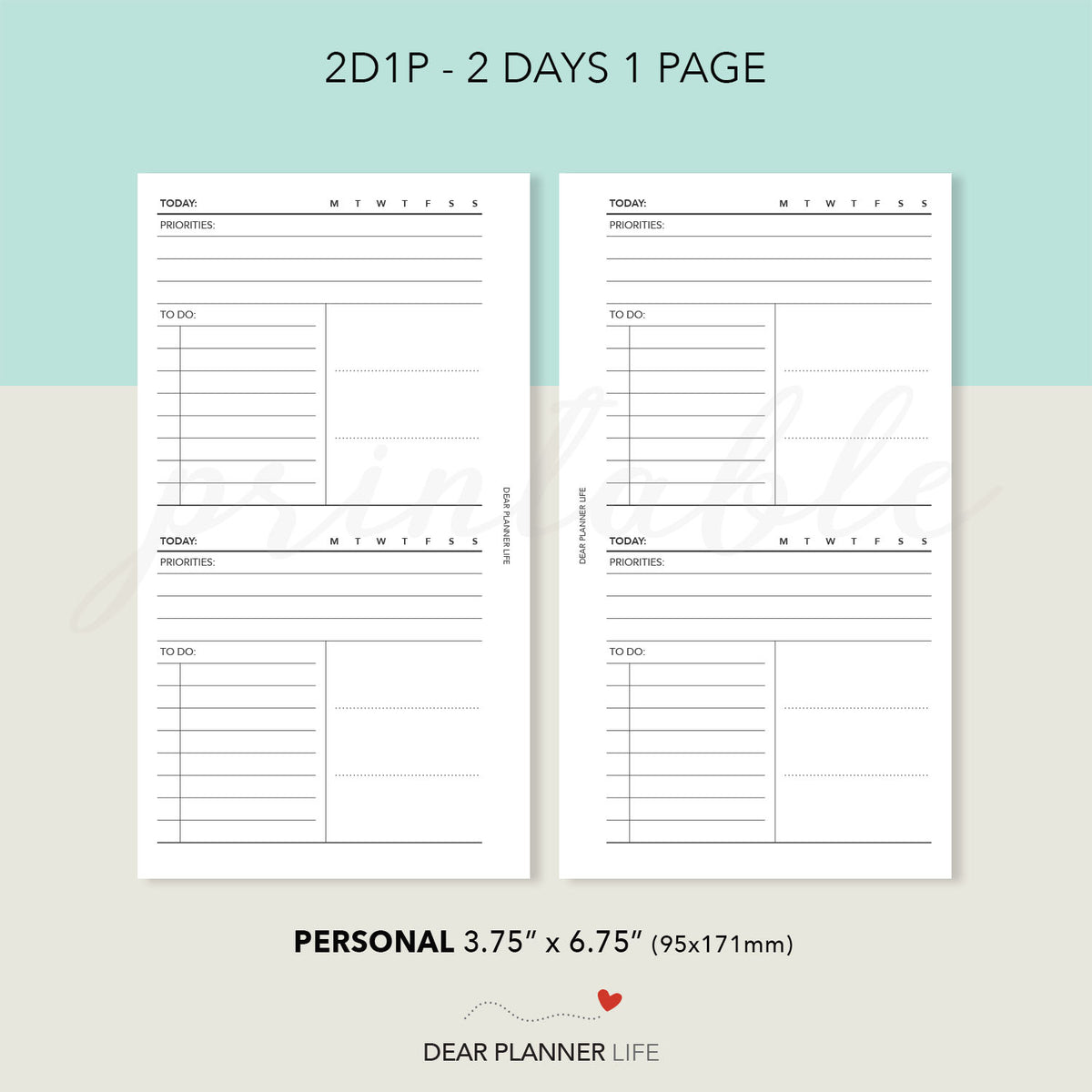 2 Days on 1 Page Horizontal (Personal size) Printable PDF : P-73 ...
