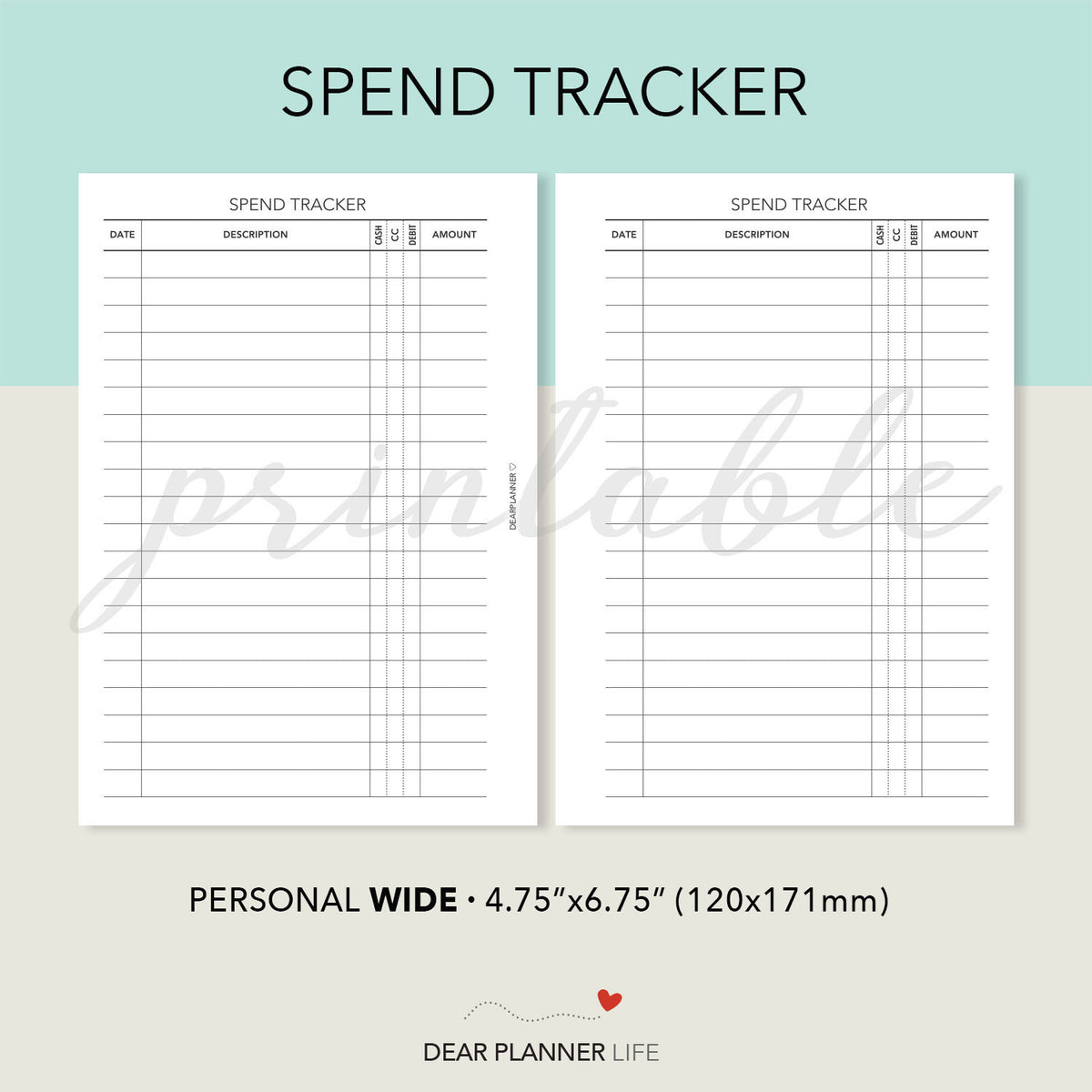 Spend Tracker (Personal WIDE) Printable PDF : W48 – DearPlannerLife