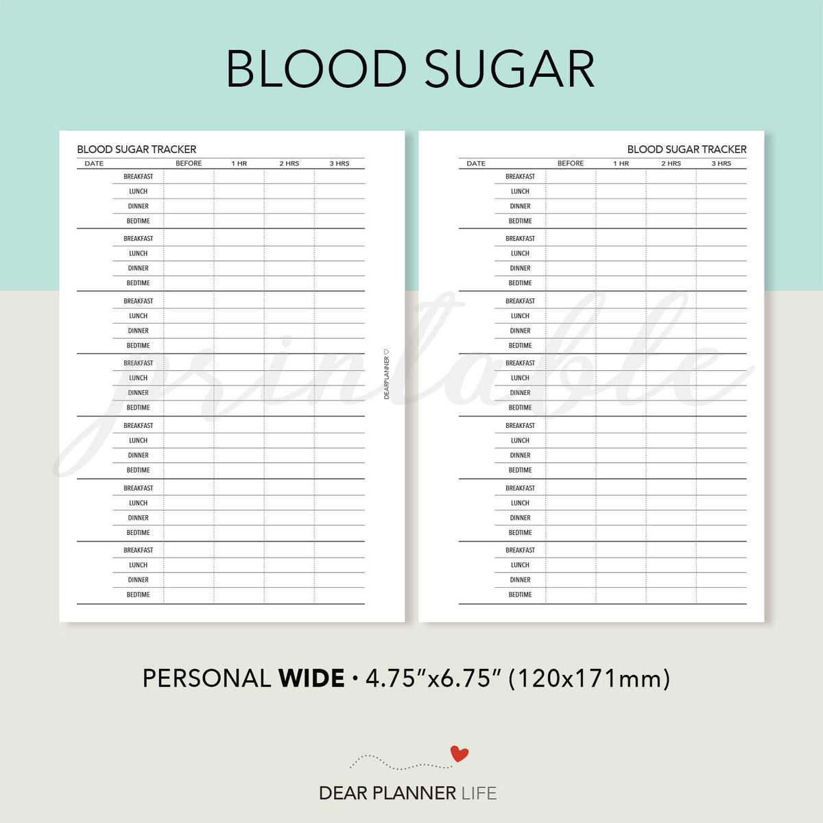 Blood Sugar Tracker (Pers WIDE) Printable PDF : W55 – DearPlannerLife