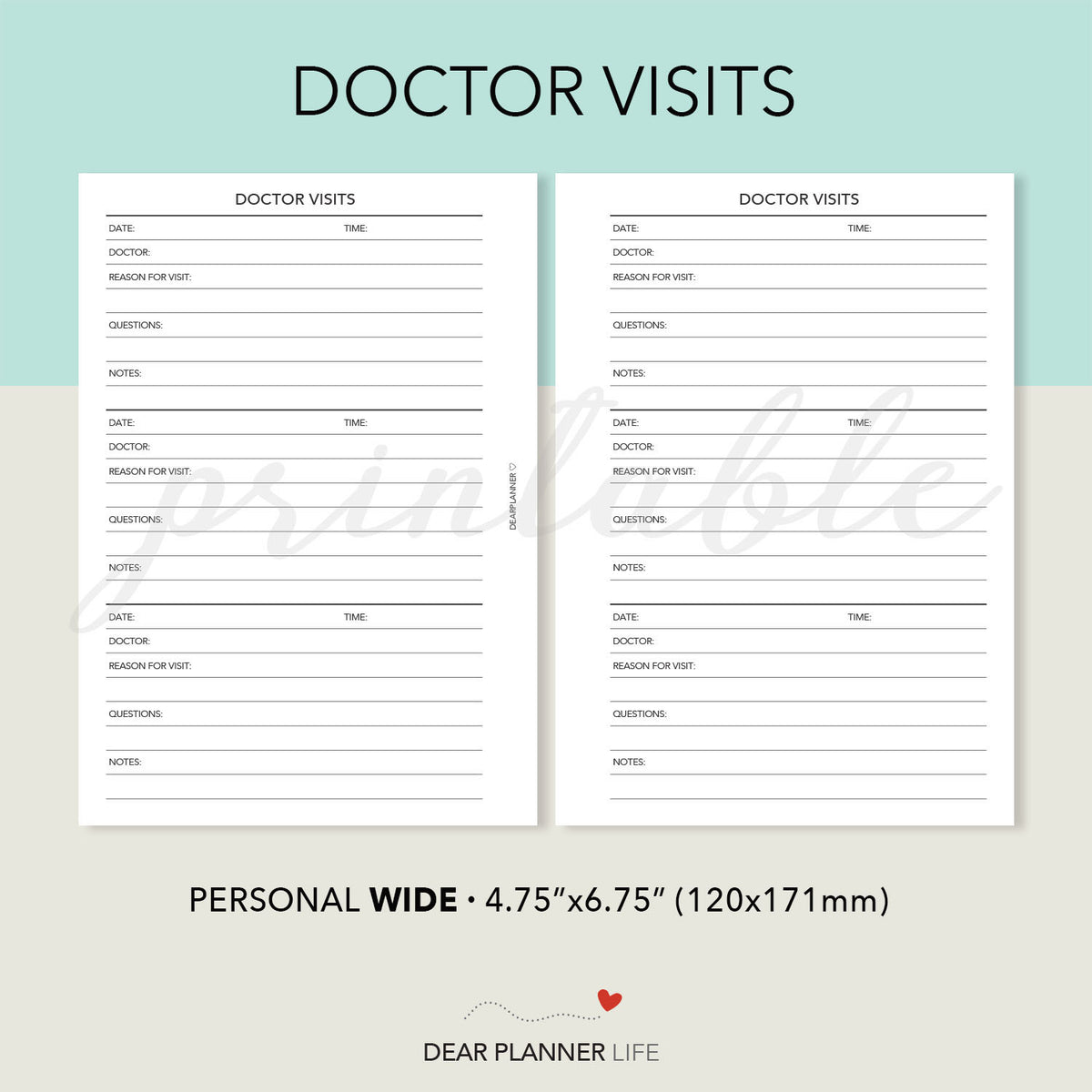 Doctor Visits (Personal WIDE) Printable PDF : W57 – DearPlannerLife