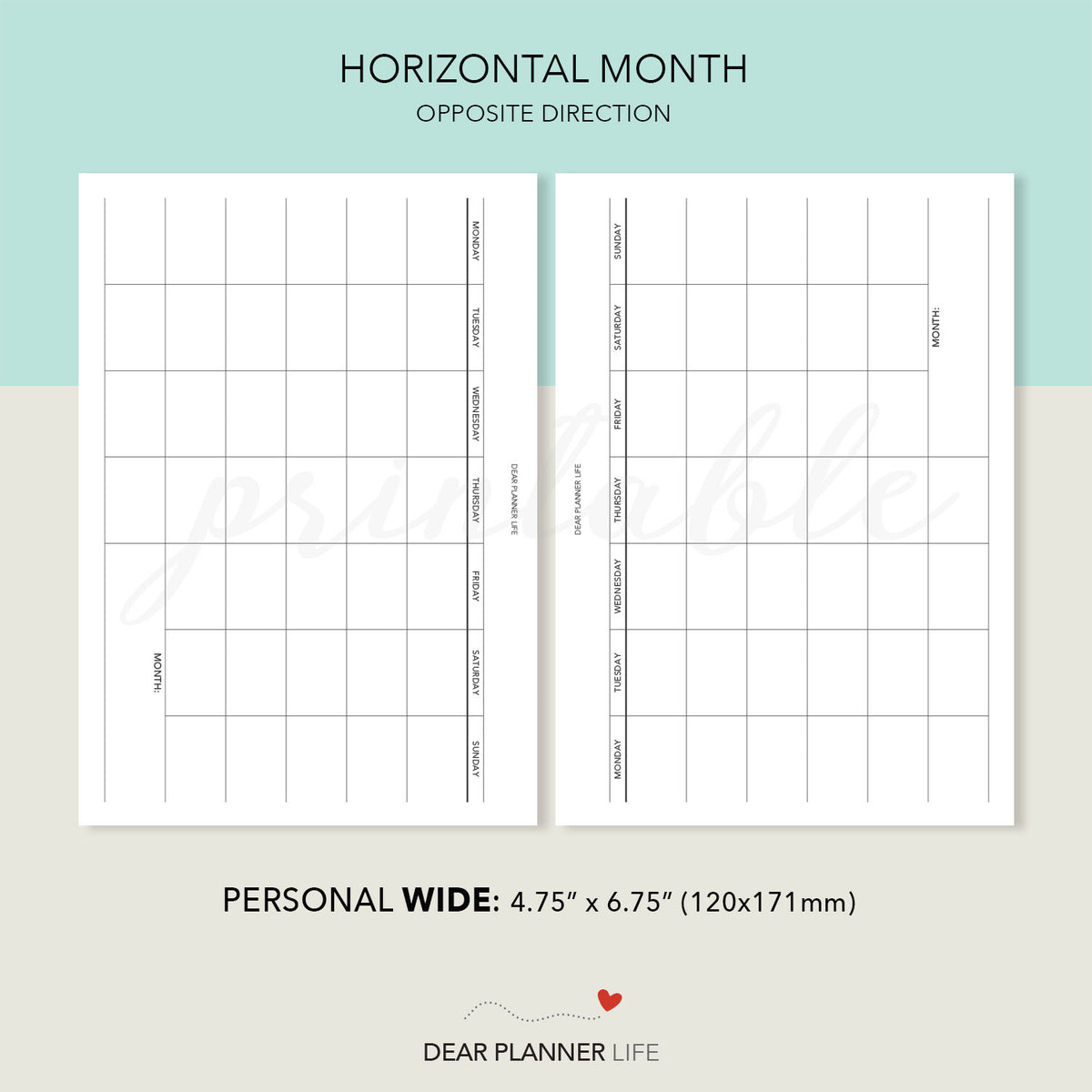 Horizontal Month on 1 Page Template (Personal WIDE) Printable PDF : W ...