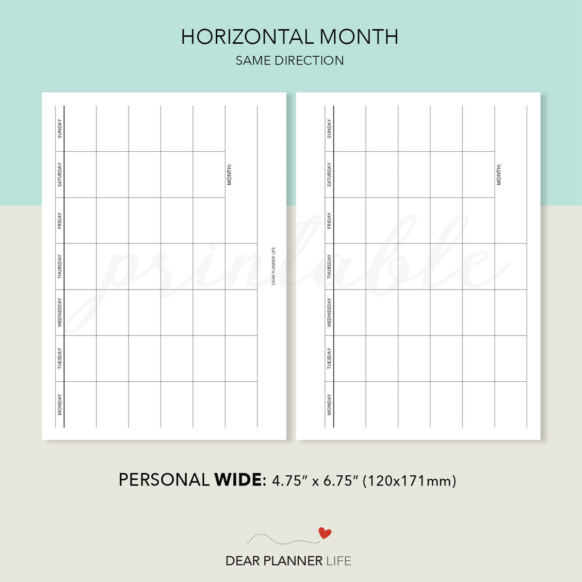 Horizontal Month on 1 Page Template (Personal WIDE) Printable PDF : W ...
