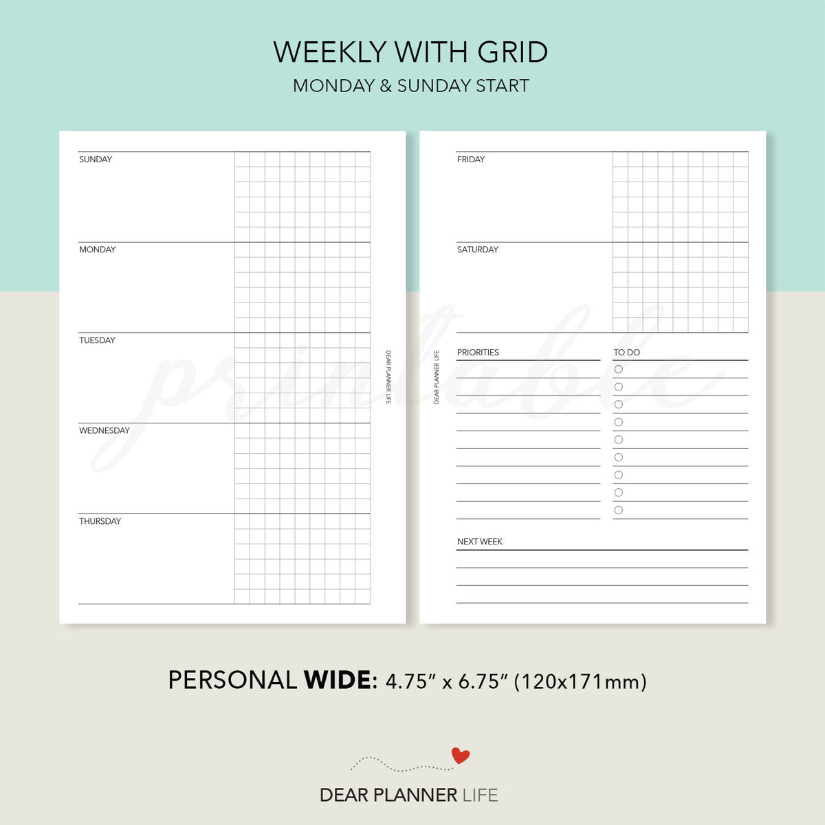 Horizontal Weekly with Grid (Pers WIDE) Printable PDF : W-66 ...