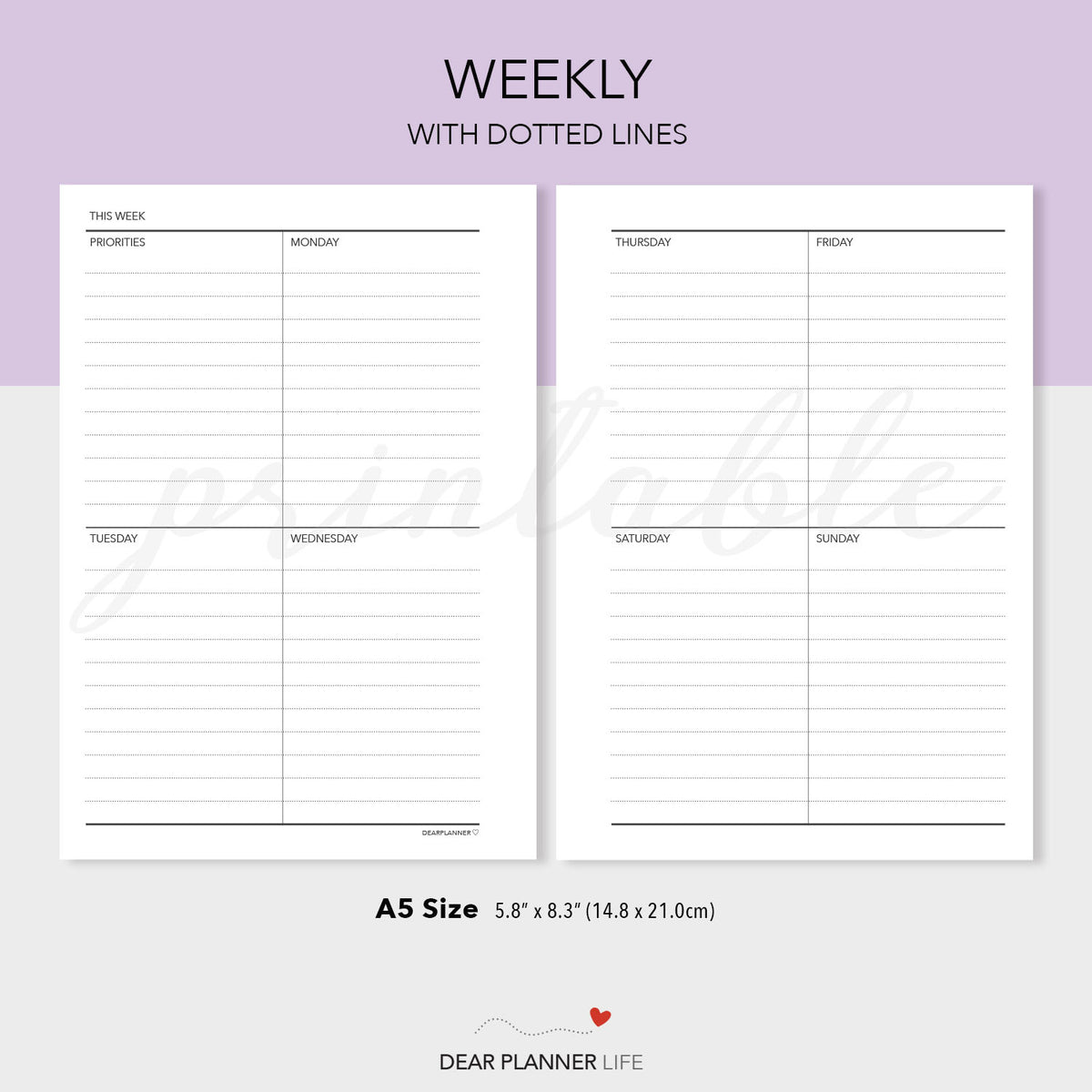 Week on 2 Pages, Vertical Quadrant Layout - PDF Printable (A5-14 ...