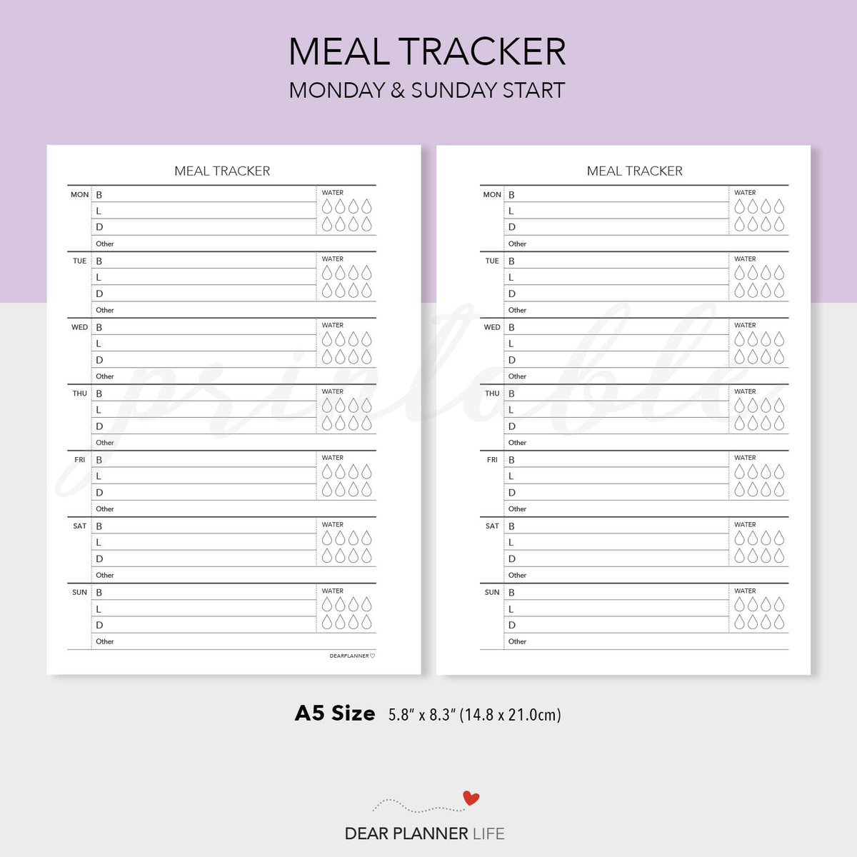 Meal/Food Tracker Page (A5 Size) PDF Printable (A5-23) – DearPlannerLife