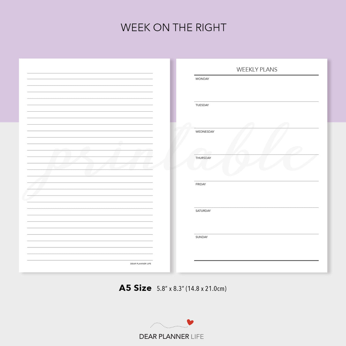 Simple Week on 1 Page Template (A5 Size) - PDF Printable (A5-31 ...