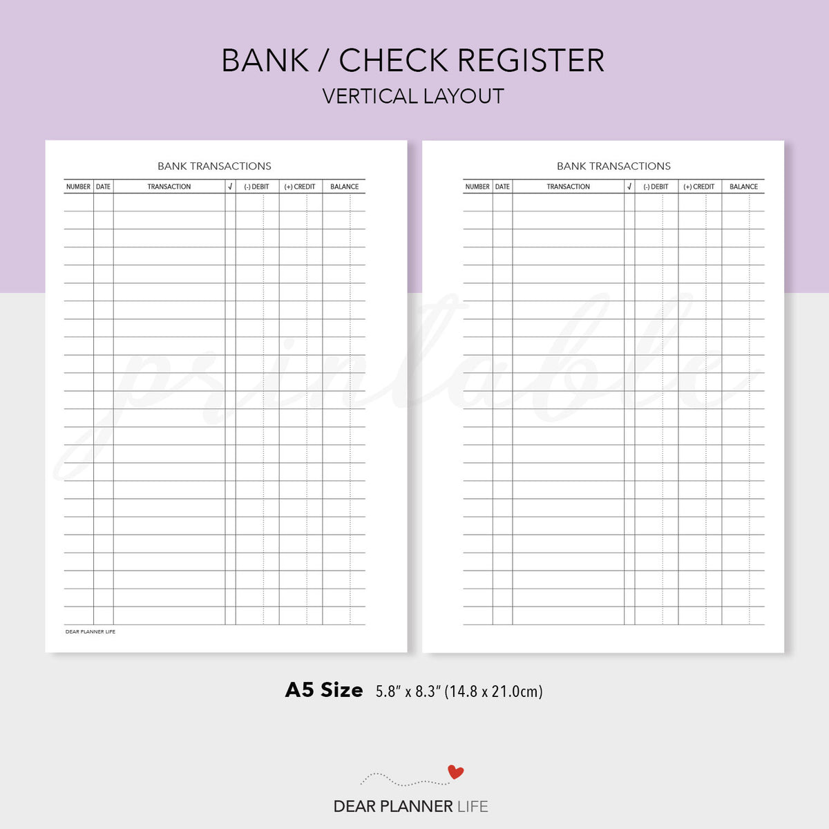 Bank / Check Register Template (A5 size) PDF Printable (A5-35 ...