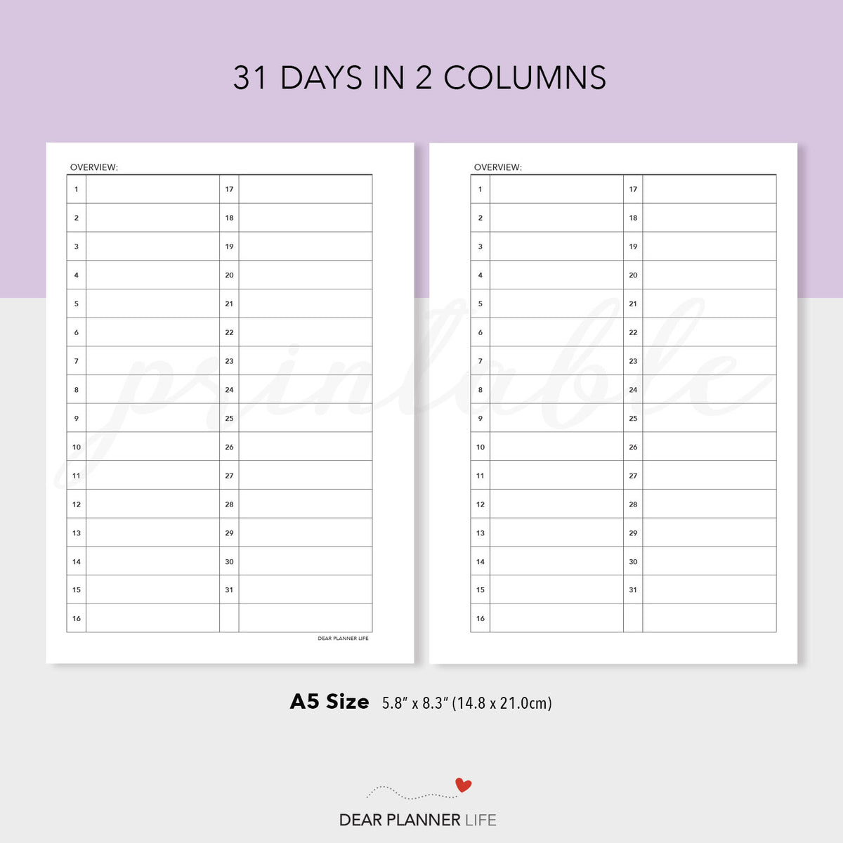 Monthly 31-Day List Overview (A5 Size) PDF Printable (A5-61 ...